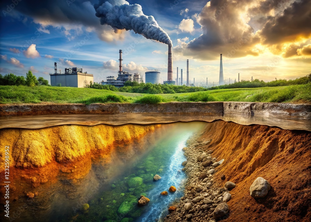 Polluted groundwater, industrial site cross-section, showing ...