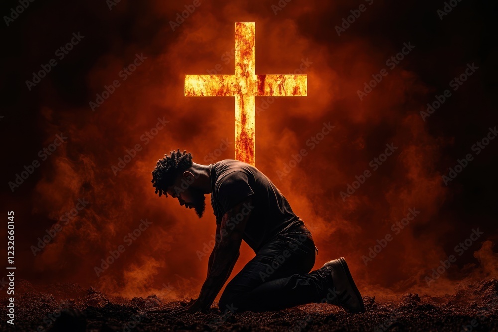 Kneeling in Worship: Man Praying before a Cross Stock Photo | Adobe Stock