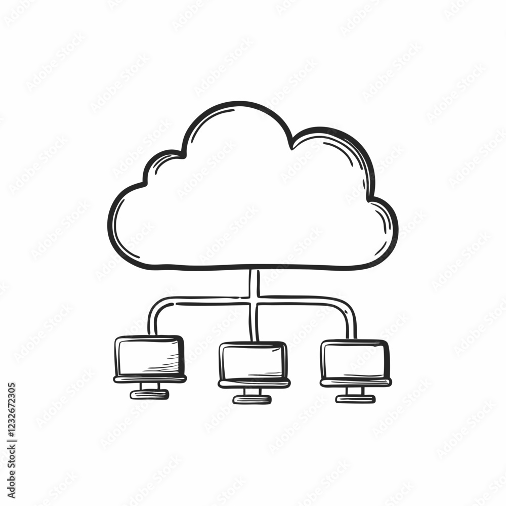 Hand-drawn laptops connecting to cloud network diagram. Simple sketch ...