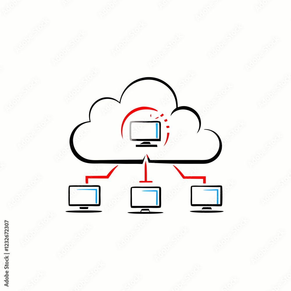 Monitor icons connected to central cloud server. Red accents highlight ...