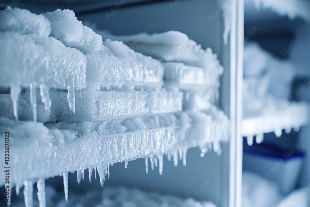 Frost and ice build up inside a commercial freezer in a food storage ...