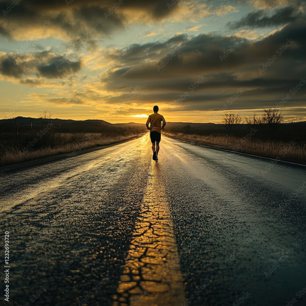 lone runner on an open road at sunrise or sunset. The wet pavement ...