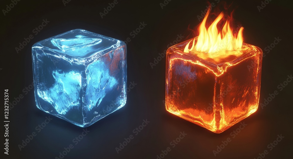 Two ice cubes, one blue and one red, have flames bursting from their ...