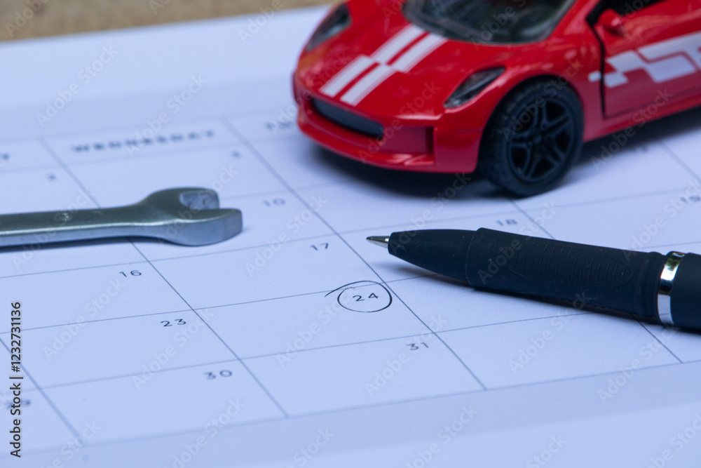 Vehicle Repair Appointment: Marked Date with Tools and Mini Car Stock ...