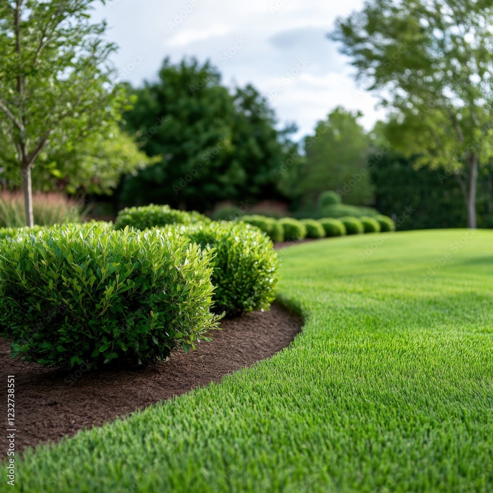 lush green lawn with manicured shrubs and trees in a well-maintained ...