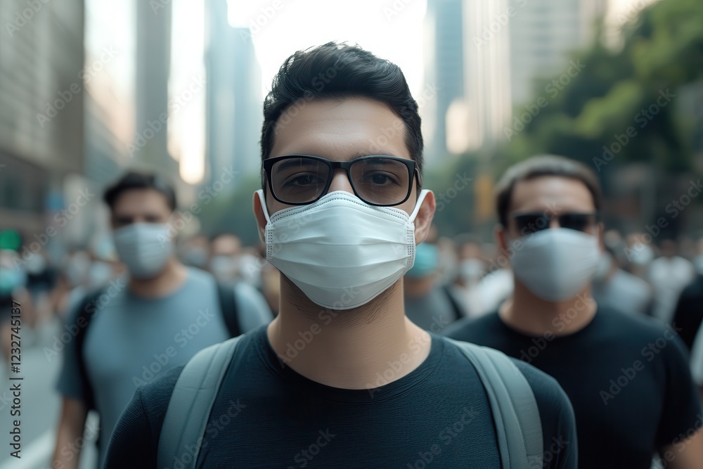 Chronic pollution harms air quality and public health. People wearing ...