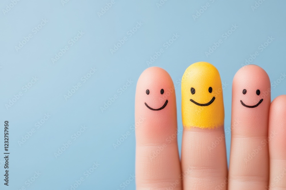 fingers with smiley faces, one highlighted in yellow, stand out from ...