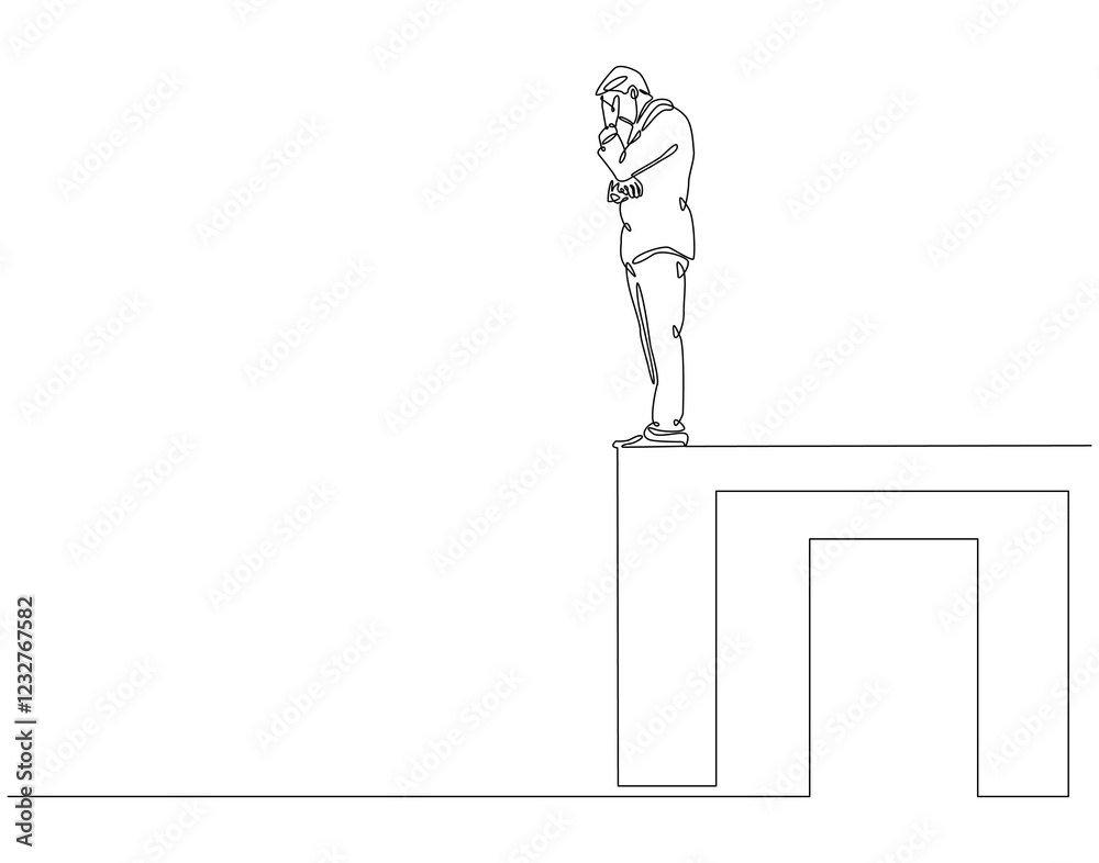 Continuous line drawing of depressed man standing edge of building ...