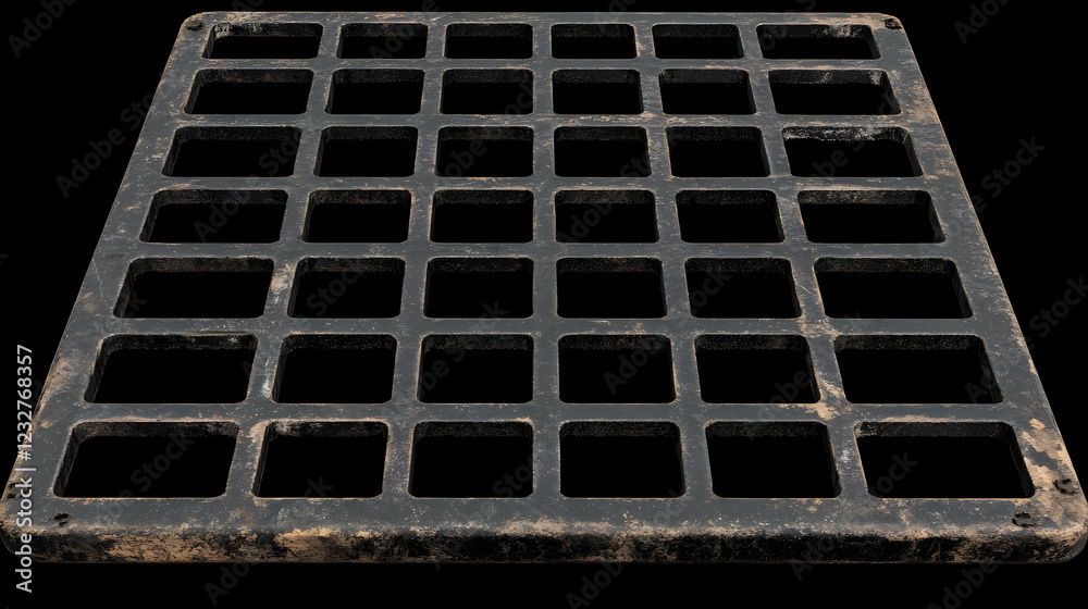 Rusty metal grate, square grid, outdoor drain, dark background ...