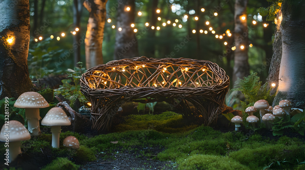 Enchanted Forest Wicker Bench: A Magical Setting with Glowing Lights ...