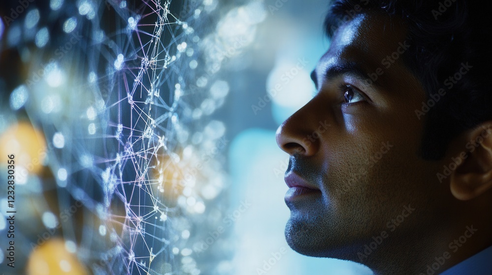 Thoughtful man gazing at a digital screen filled with connecting nodes ...