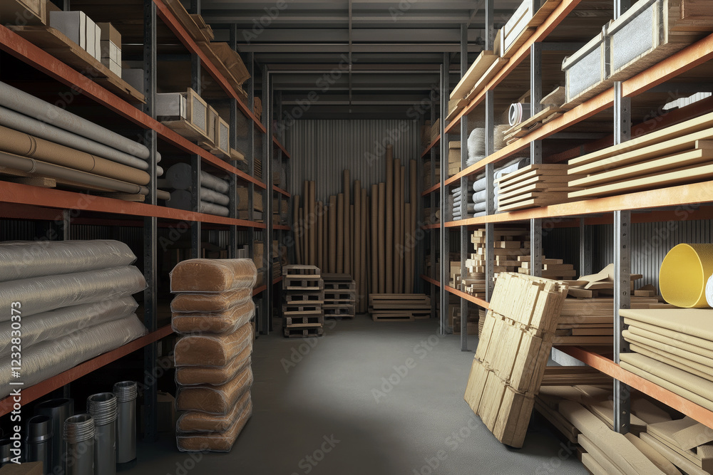 Aisle between two large shelves filled with construction materials ...