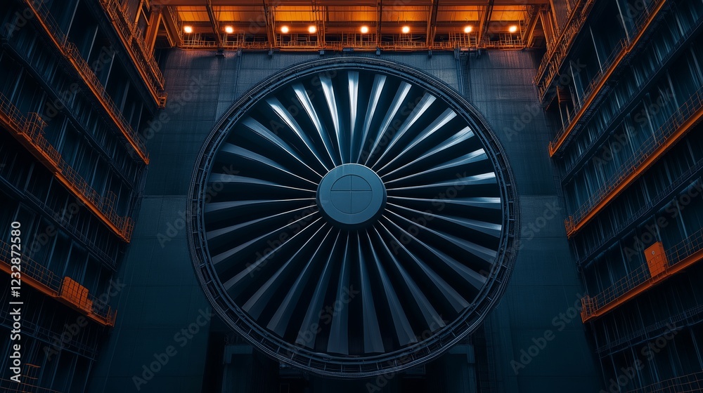 Hydroelectric dam turbine detail, water power generation, close-up ...