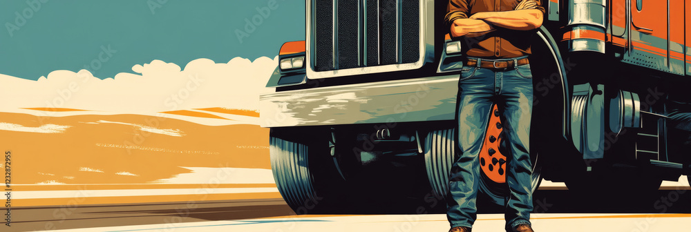 In a bold illustration, a skilled male truck driver stands beside his ...