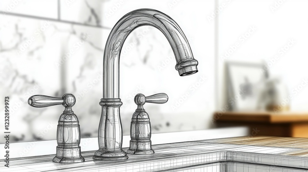 Technical drawing of multi-function single-handle faucet with arched ...