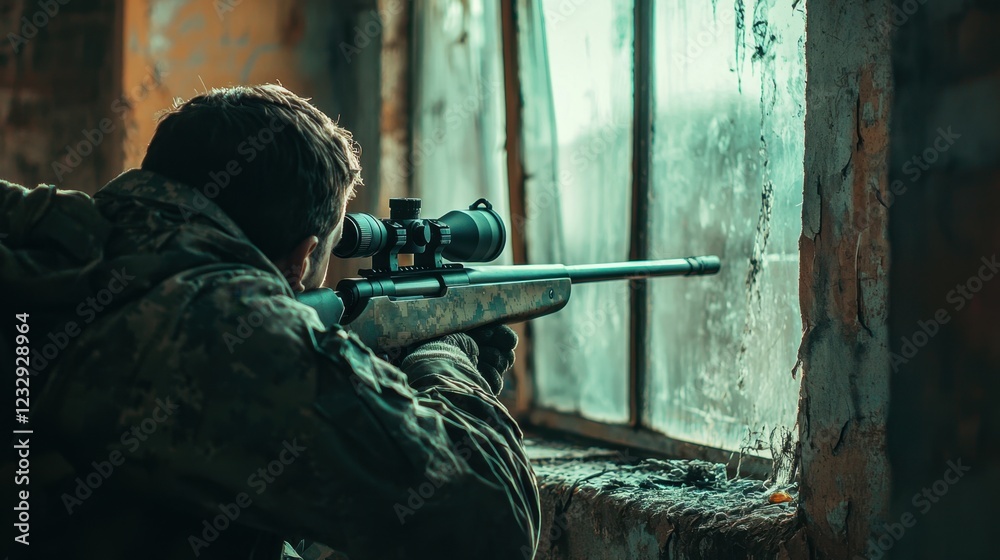 Soldier with Sniper Rifle Aiming through Broken Window in Urban Setting ...