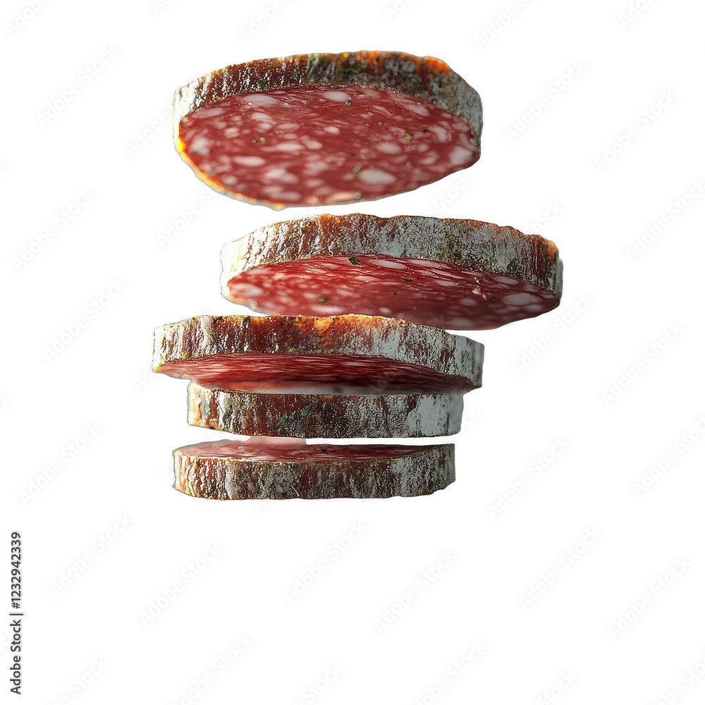 Salami sausage slice isolated background white meat smoked cut dry. Top salami sausage slice ...
