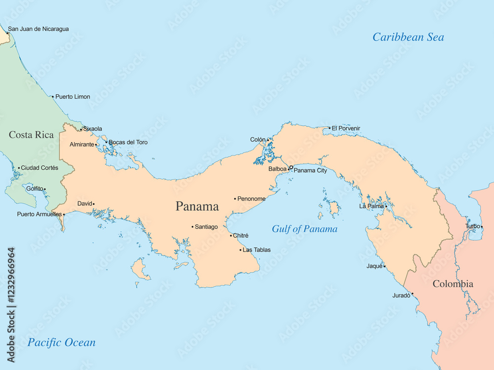 Political map of Panama, showing its borders with Costa Rica and ...
