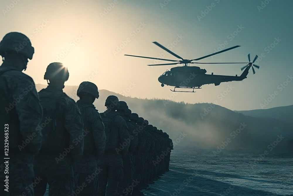 Soldiers are standing in formation on a dusty landing strip as a ...
