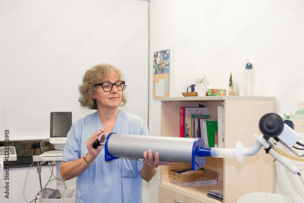 Female medical professional conducting spirometry test Stock Photo ...