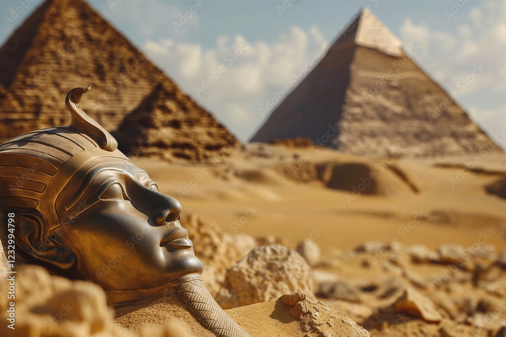 Ancient mask of an Egyptian pharaoh lying on the sand against the ...