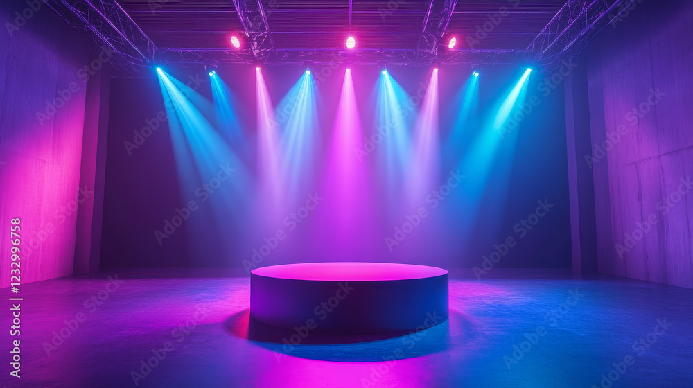 full 360 degree panorama of industrial hall with neon lights and ...