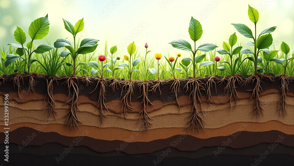 Стоковая иллюстрация «Plants Roots Growing Through Soil Layers Cross ...