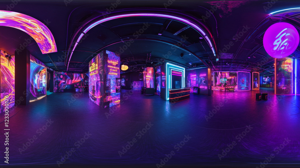 full 360 degree panorama of dark futuristic neon studio interior 3d ...