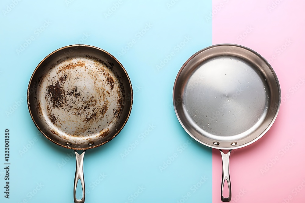 Dirty vs. clean stainless steel frying pans on a pastel background ...