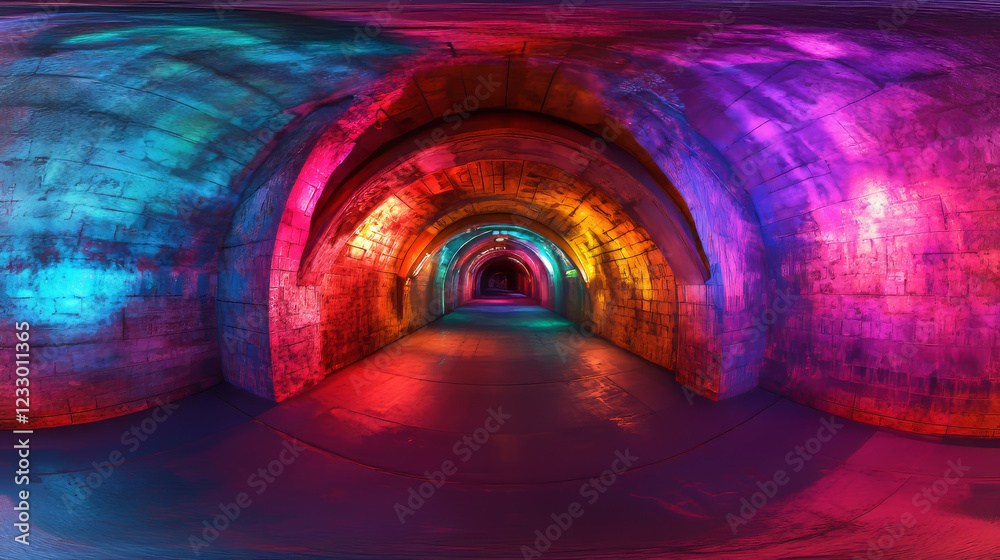 full 360 spherical panorama view of concerete tunnel with colouful neon ...