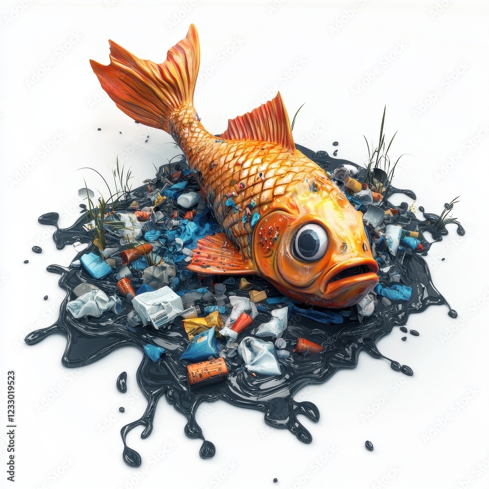 Dying fish in a polluted river filled with plastic waste and dark oil ...
