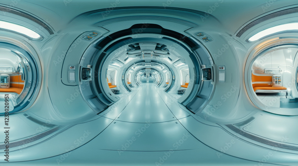 360 degree full panorama environment map of bright futuristic technology space station ship sci ...