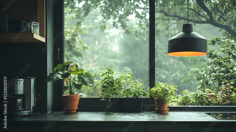 Rainy day kitchen plants window view Stock Illustration | Adobe Stock