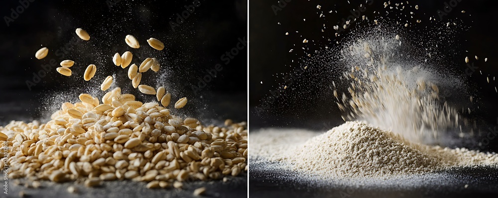 Before-and-after visuals fresh wheat kernels milled into finely ground ...