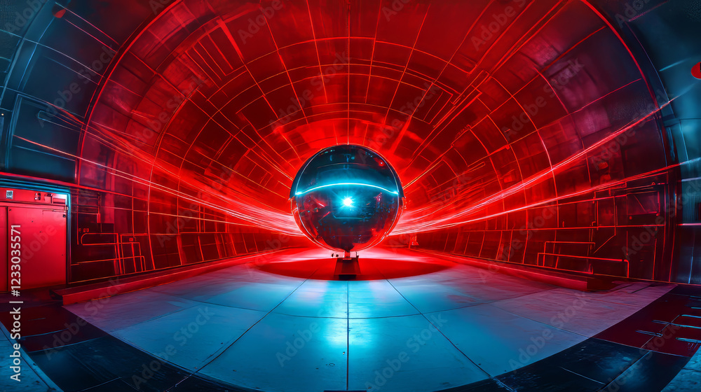 360 full spherical panorama of red and blue futuristic laser beam ...