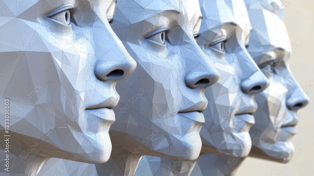 line array of white creative male or female faces concept polygon ...