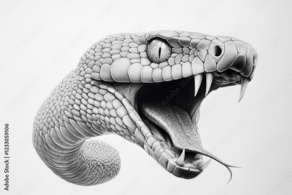 realistic pencil drawing of a snake with its mouth open, showing fangs ...