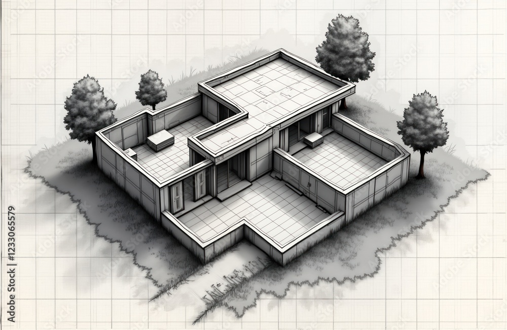 Architectural house plan sketch. Blueprint style drawing shows top view ...