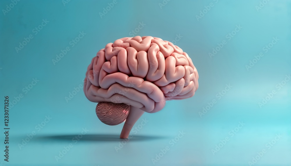 Detailed anatomical model of human brain. Pinkish grey brain shows ...