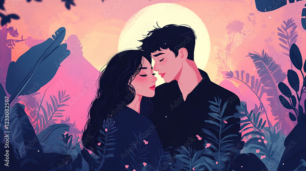 romantic couple lo-fi cartoon on garden moon background for Valentine ...