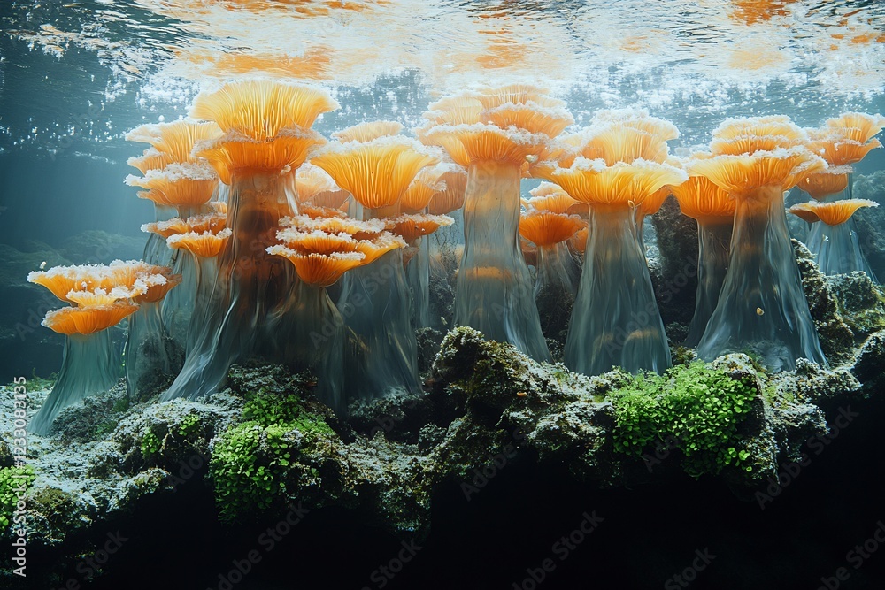 Colorful abstract art representation of aquatic moss and submerged fungi with organic shapes and ...