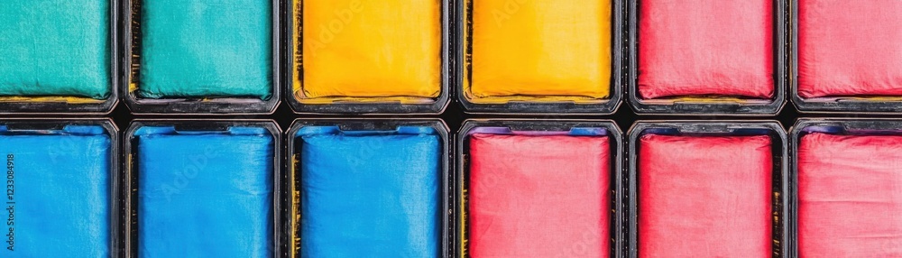 Colorful arrangement of textile dye packets with vibrant shades of blue ...