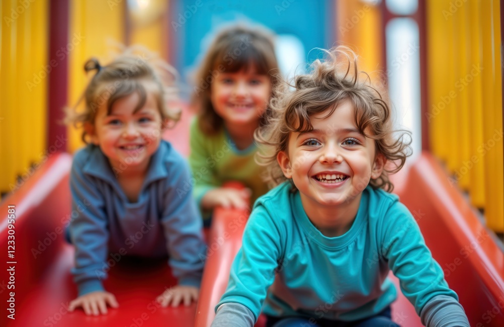 Three happy children slide down red playground slide. Smiling, looking ...