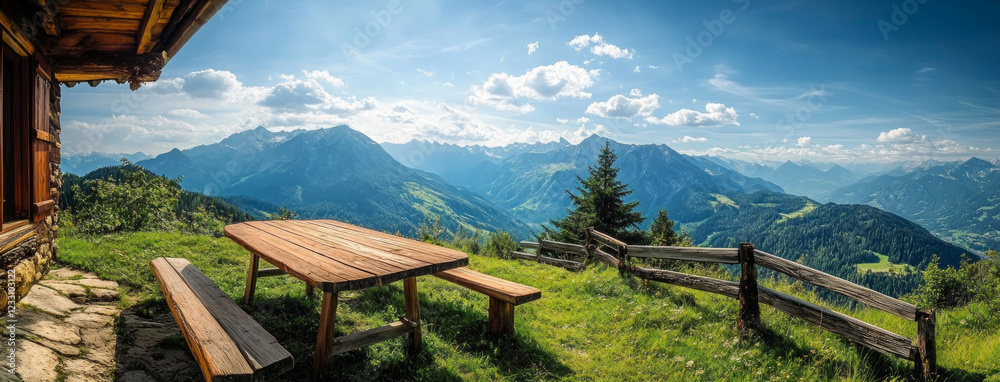 Wooden picnic table inviting hikers to enjoy breathtaking mountain view ...