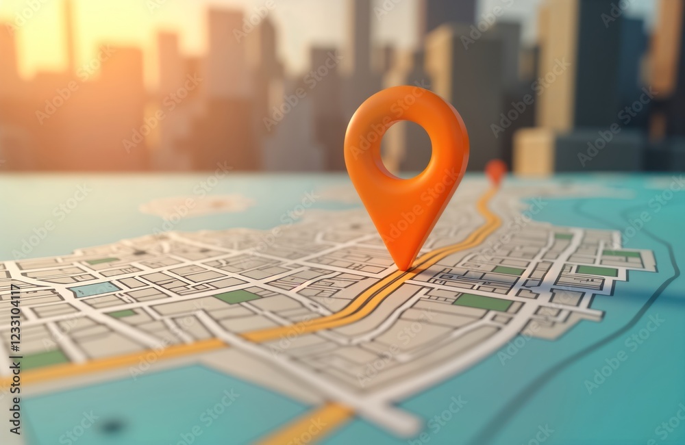 Orange location pin marked on city map. Navigation app design element ...