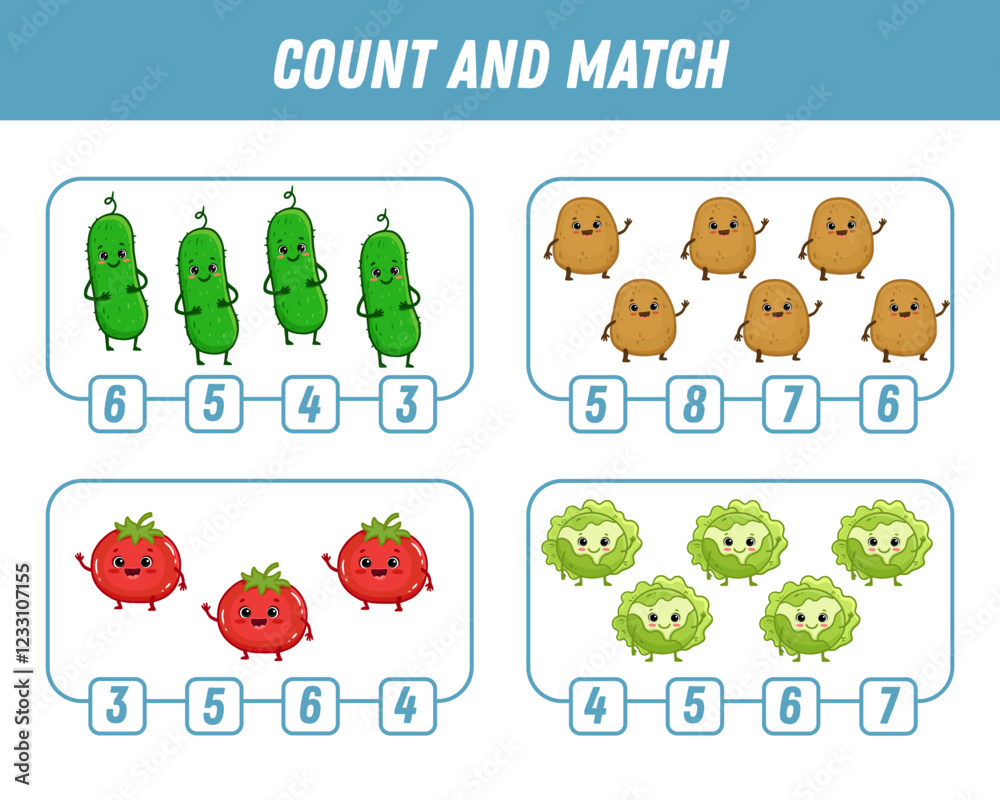 Education game for children count and match of cute cartoon vegetables ...