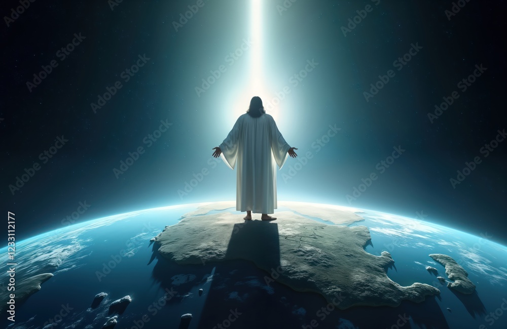 Jesus stands over Earth. Arms open. Light shines from above. Looks out ...