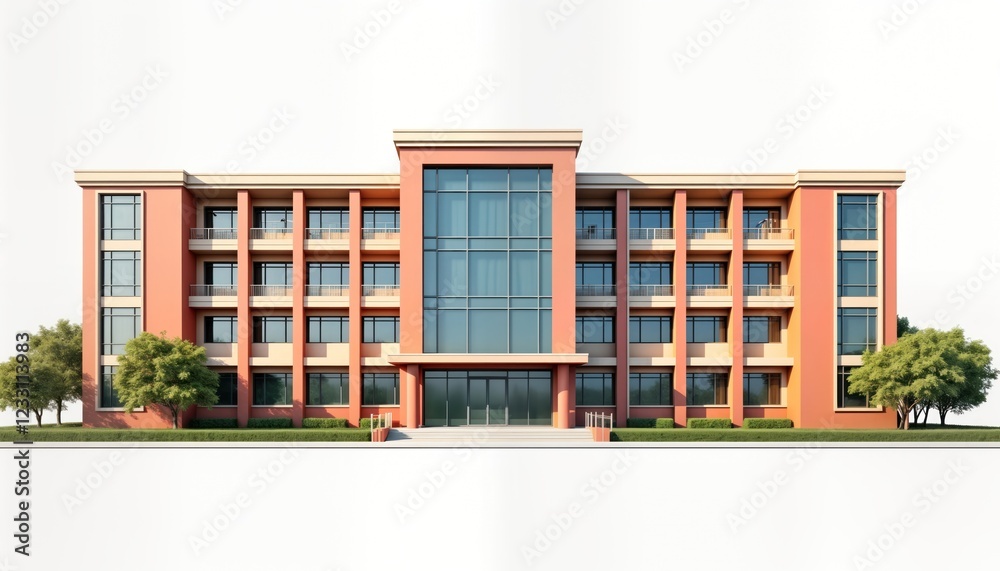 Modern school building stands on grassy area. Exterior in peachy orange ...