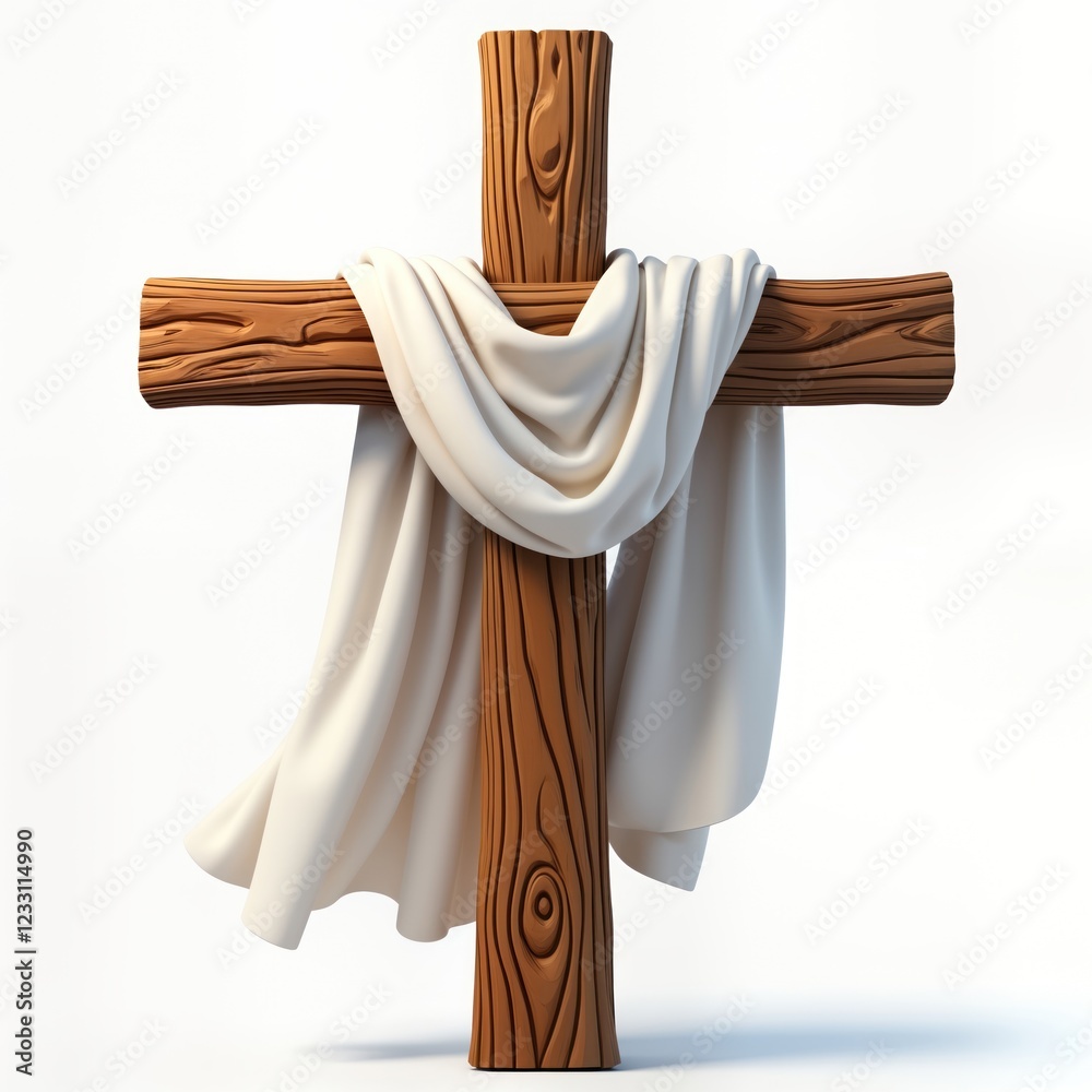 Wooden cross draped with white cloth. Religious symbol. Isolated on ...