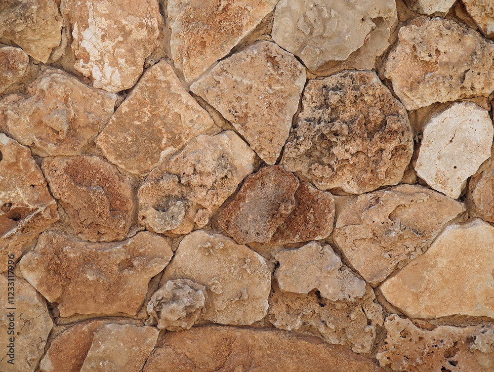 Beige and yellow natural stone masonry wall texture, irregular friable ...